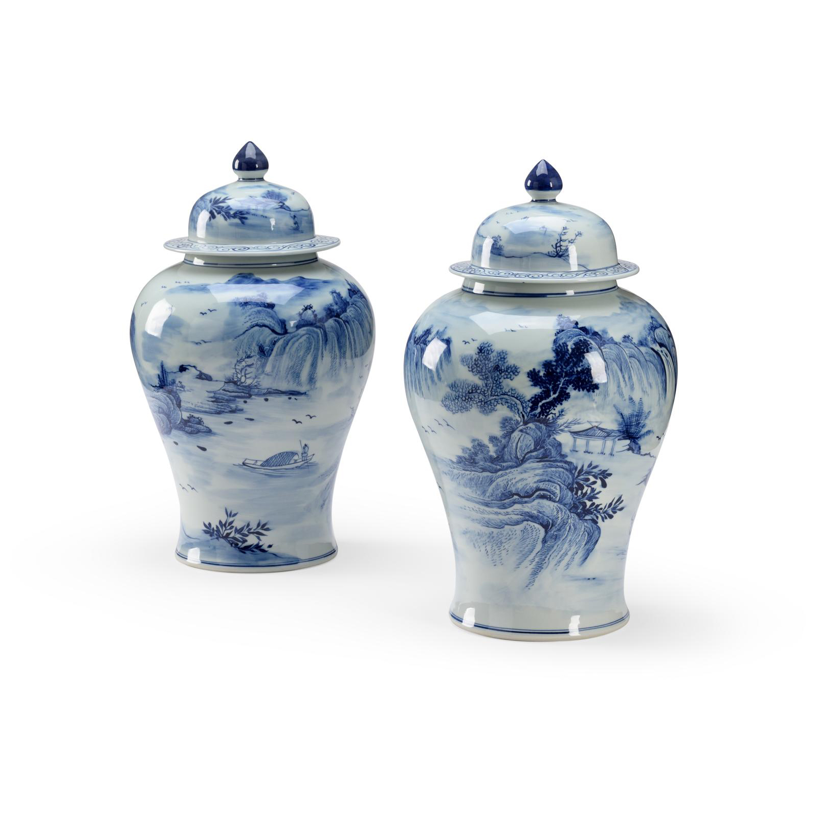 Temple-Inspired Porcelain Urns - Blue & White - Home Decor