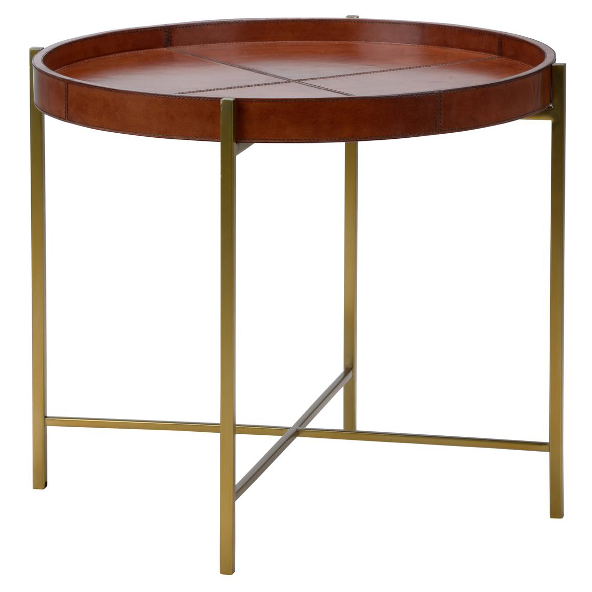 Tan Leather Round Side Table - Luxury Decor - Furniture